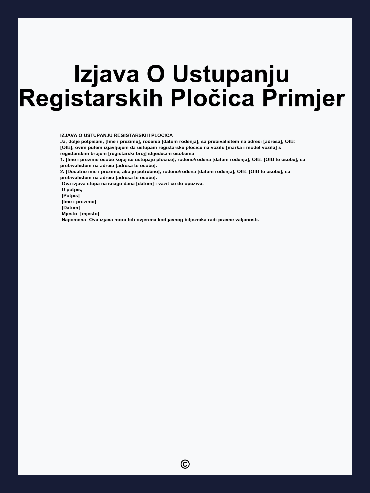 Izjava O Ustupanju Registarskih Pločica Primjer