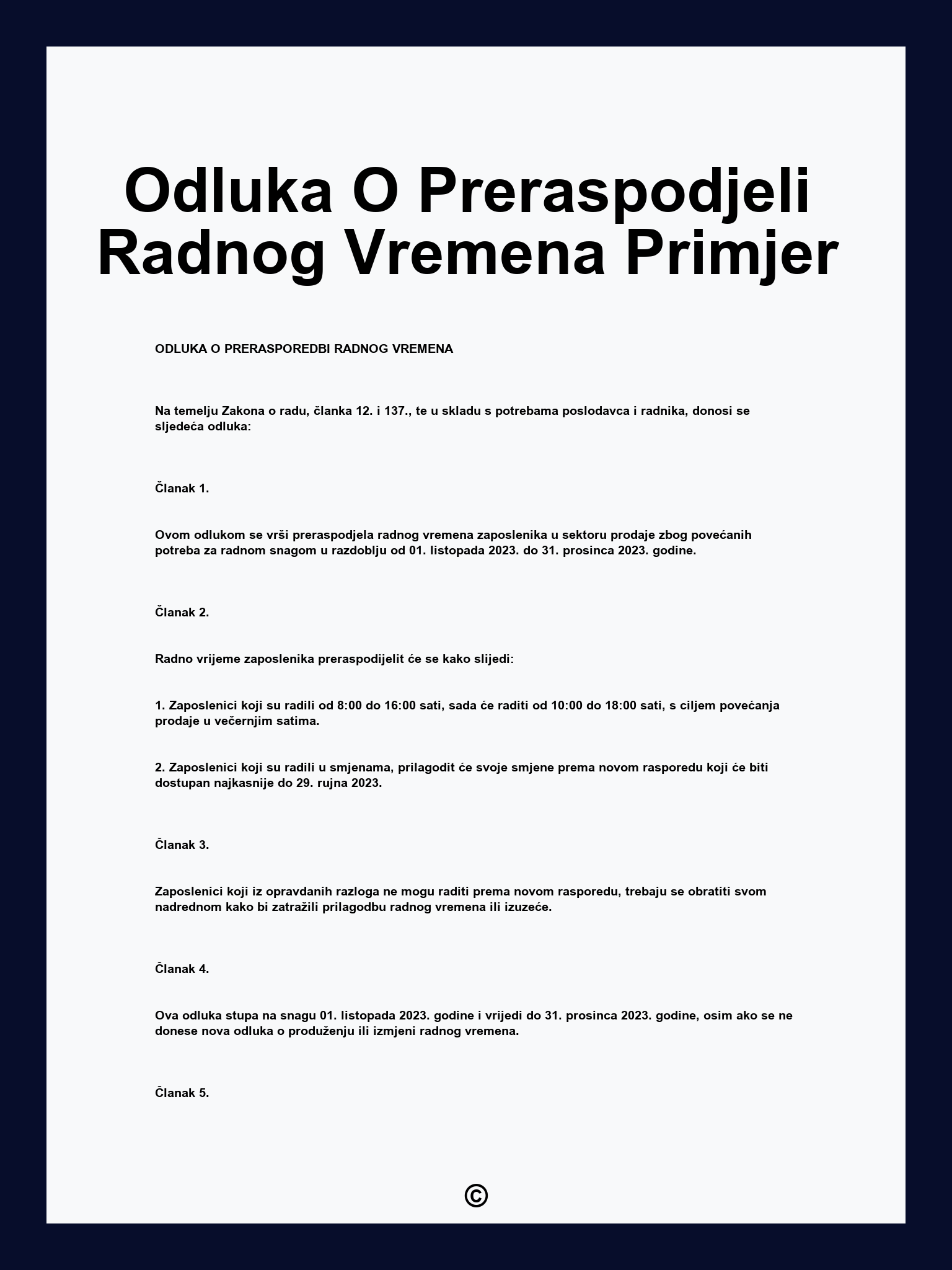 Odluka O Preraspodjeli Radnog Vremena Primjer