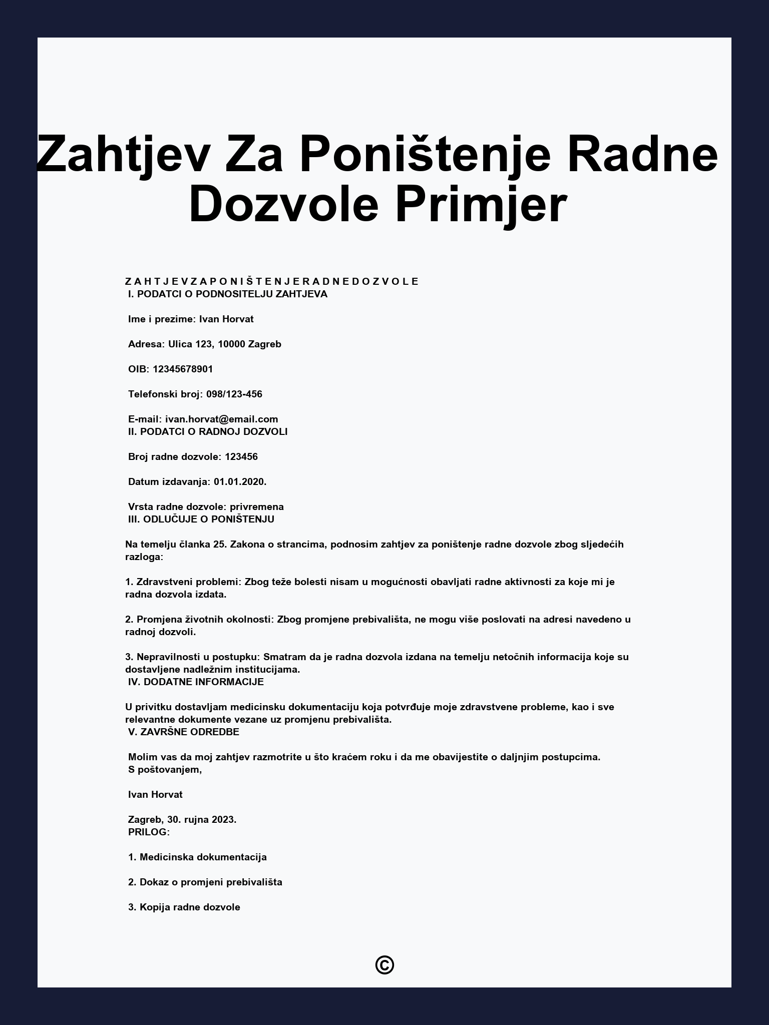 Zahtjev Za Poništenje Radne Dozvole Primjer