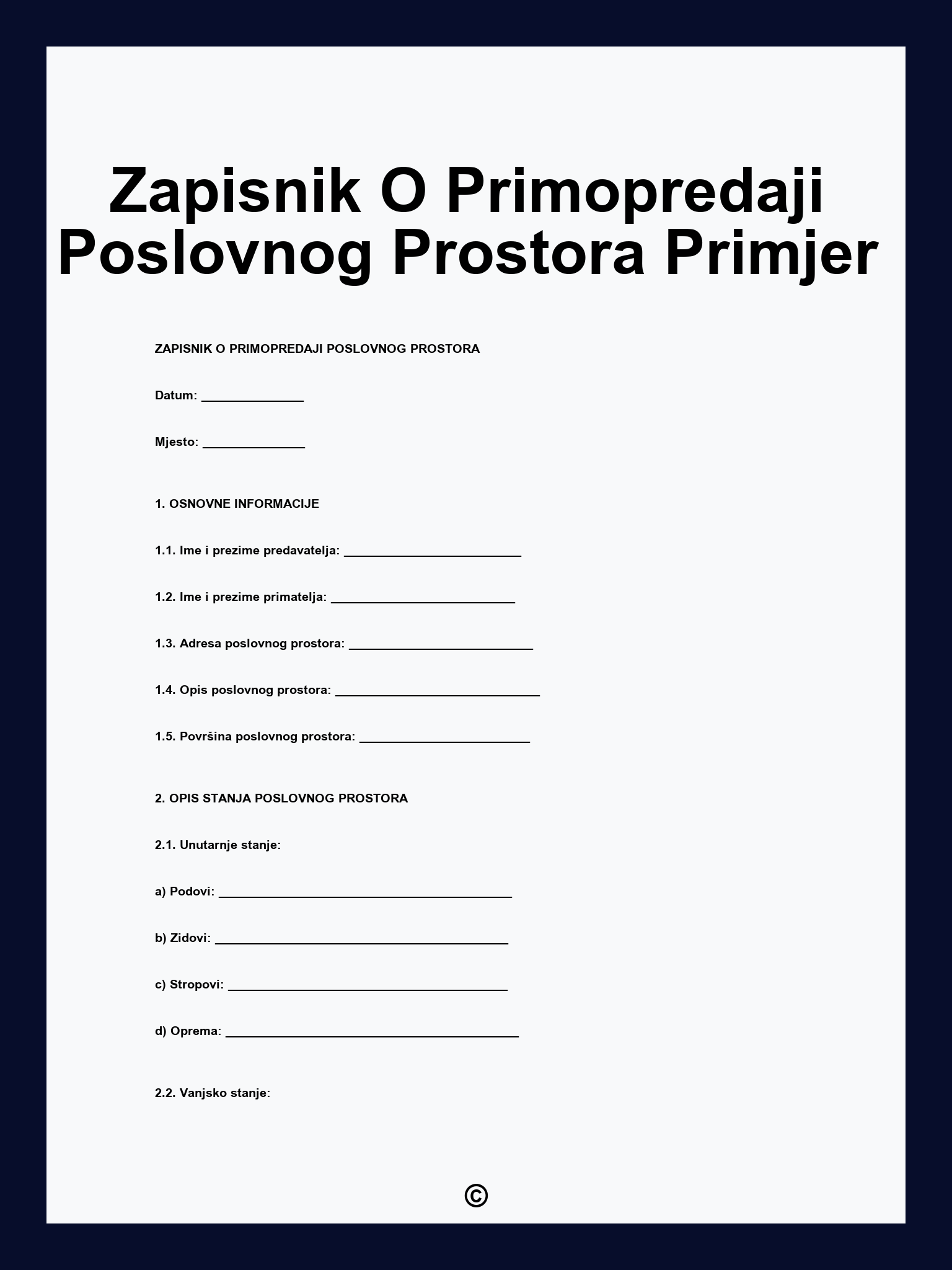 Zapisnik O Primopredaji Poslovnog Prostora Primjer